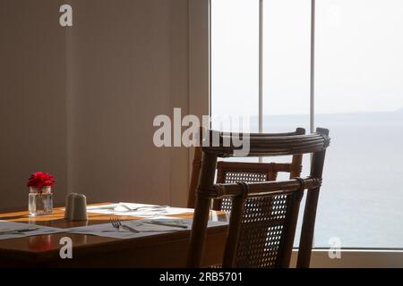 Empty seats and tables before dinner time in the indoor restaurant ...