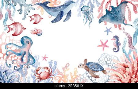 sea animals frame. Frame text space from ocean fish, turtle, whale and ...