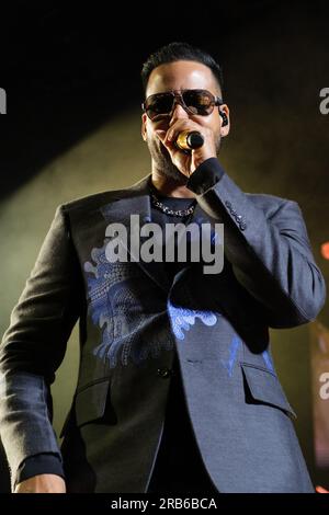 American singer Romeo Santos perform on stage at WiZink Center on July ...