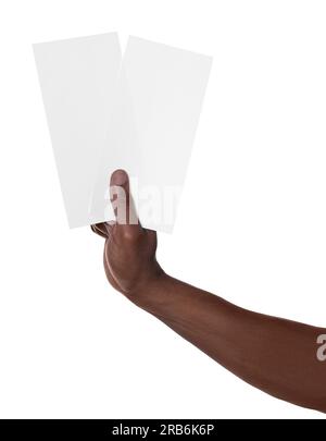 African American man holding flyers on white background, closeup ...
