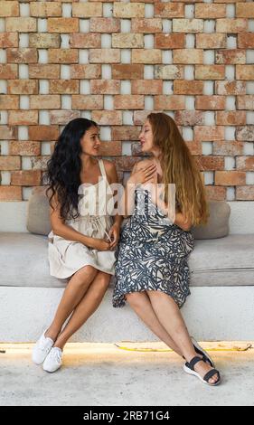 Ukrainian beautiful brunette woman talking with her Russian best friend ...
