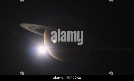 Illustration Cinematic 3D animation of Saturn and its moon Mimas or ...