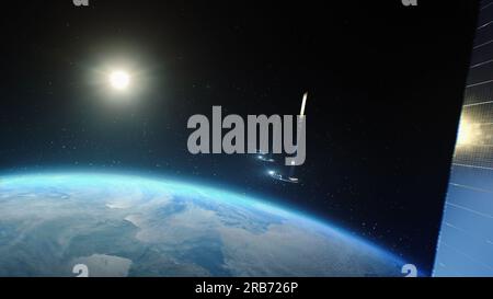 Illustration 3D computer graphics of satellites flying in orbit of ...