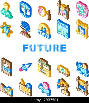 Future city isometric icons set of conceptual building of futuristic ...