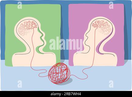 Surreal drawing of profile heads with wire in shape of brain, tied with ...