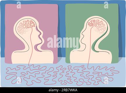 Surreal drawing of profile heads with wire in shape of brain, tied with ...