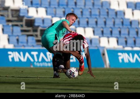 Callum Camps #8 of Stockport County F.C. heads the ball during the Sky ...