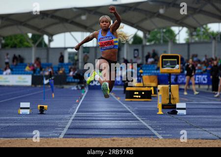 Temi Ojora on her way to second place in the women’s triple jump during ...