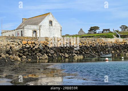 Boats on the quay wall, Lampaul, Ouessant Island, Finistere, Brittany ...