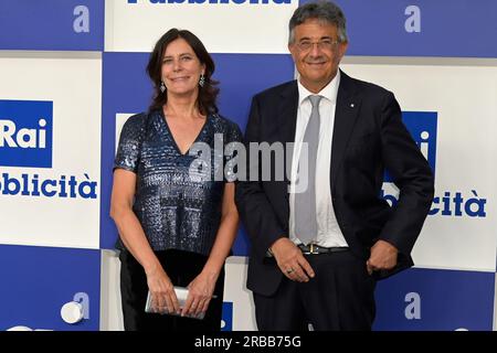 Marinella Soldi (l) and Roberto Sergio (r) attend the photocall of Palinsesti Rai 2023 at Centro ...
