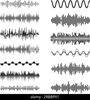 Audio waves for music sounds, equalizer graphics, round circle logos ...