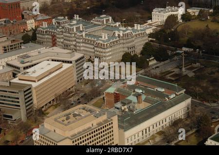 Aerial views of Main Interior, buildings and monuments in the vicinity ...