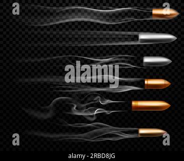 Flying bullets with fire and smoke traces. Vector realistic set of ...