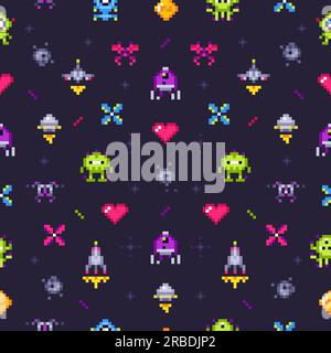 Arcade game pixel monster seamless pattern background, vector retro 8 ...