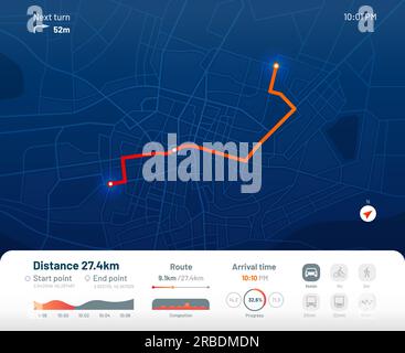 Route dashboard. City street map navigation, town running routes and ...