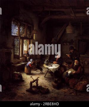 'Peasant Family in a Cottage Interior' by Adriaen van Ostade presents a ...