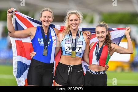 Molly Caudery, Holly Bradshaw and Felicia Miloro on the medal podium ...