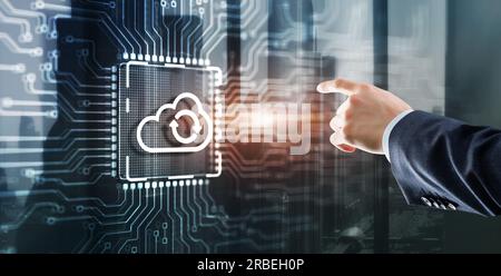 Cloud computing concept. Businessman clicking on virtual screen ...