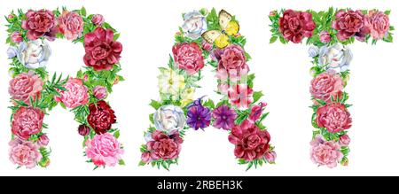Word RAT of watercolor flowers, isolated hand drawn on a white ...