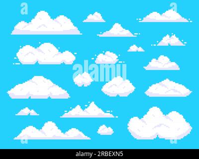 Pixel art clouds. 8 bit objects. Pink magic sky background. Retro game ...