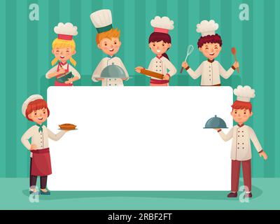 Kids menu frame. Children chefs cook with cutting board, restaurant ...