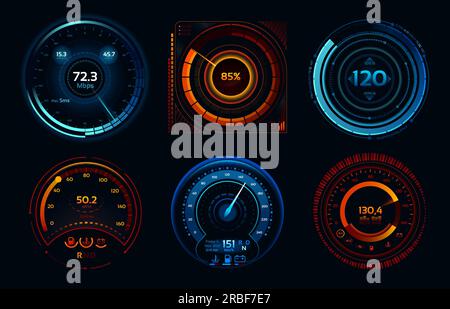 Speedometer indicators. Power meters, fast or slow internet connection ...