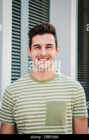 Photo of cheerful satisfied person toothy smile look empty space ...