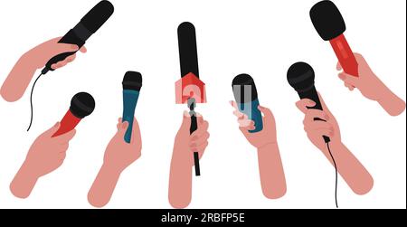 Hands holding microphones, vintage microphone for record. Broadcasting or interview, audio ...