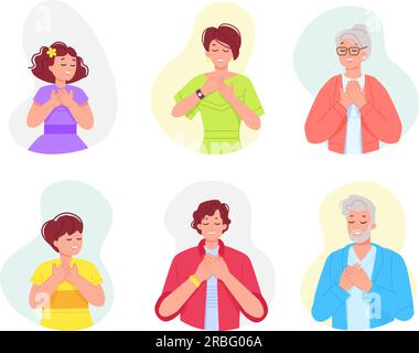 Grateful people. Cartoon characters gratitude gesture, sincere person ...