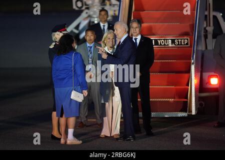 King Charles III is greeted by Lord Lieutenant Sandy Manson during a ...
