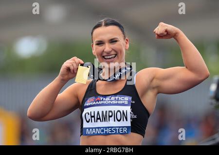 Adele Nicoll with her gold medal for winning the women’s shot put ...