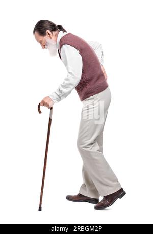Stooped senior man with walking cane on white background Stock Photo ...