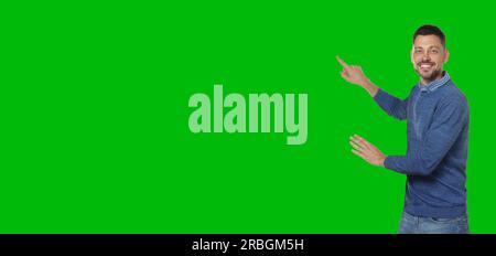 Chroma key compositing. Broadcaster against green screen, banner design ...