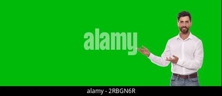 Chroma key compositing. Broadcaster against green screen, banner design ...