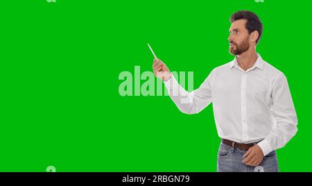 Chroma key compositing. Broadcaster against green screen, banner design ...