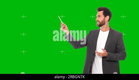 Chroma key compositing. Broadcaster against green screen, banner design ...