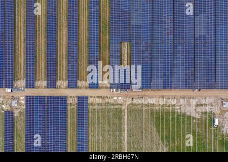 05 July 2023, Saxony, Neukieritzsch: Workers assemble solar panels on ...