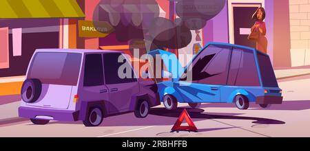 Scared woman looking at car accident on city street. Vector cartoon ...