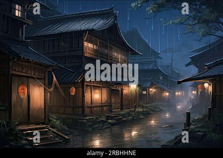 Medieval street with traditional japanese houses and storehouses in ...