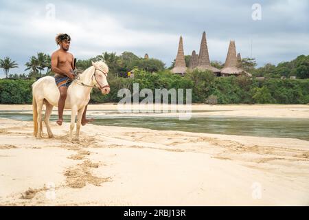 A member of the Marapu Sumba Tribe gracefully rides a horse along the ...