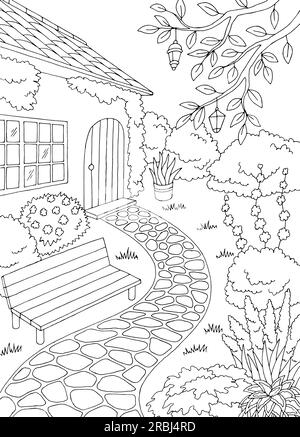 Garden in the courtyard of the house graphic black white sketch ...