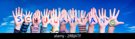 Children Hands, Schulanfang Means First Day Of School, Blue Sky Stock ...