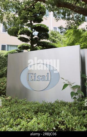 The logo of Japanese pharmaceutical company Eisai Co., Ltd. is seen at ...