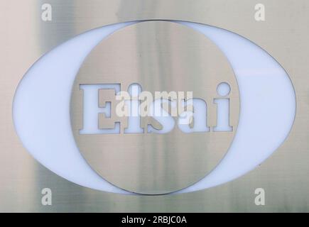 The logo of Japanese pharmaceutical company Eisai Co., Ltd. is seen at ...