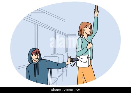 Theft in public transport vector illustration. Cartoon woman standing ...
