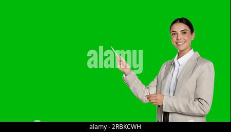 Chroma key compositing. Broadcaster against green screen, banner design ...