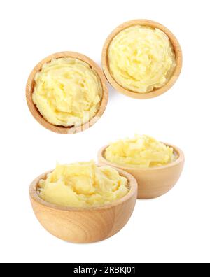 Collage with mashed potato in bowls on white background, top and side ...