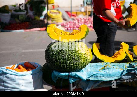 Zapallo in a street food market in Arequipa. The pumpkin macre or ...