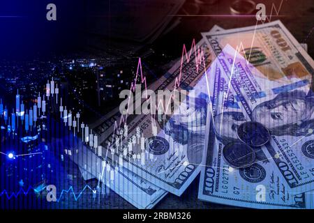 Money exchange. Multiple exposure with dollar banknotes, coins, digital ...