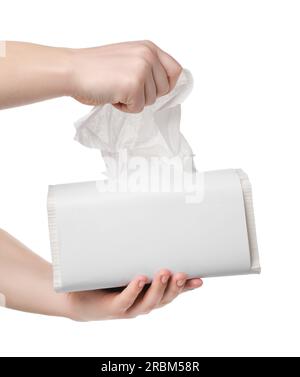 Woman taking paper towel on white background, closeup Stock Photo - Alamy